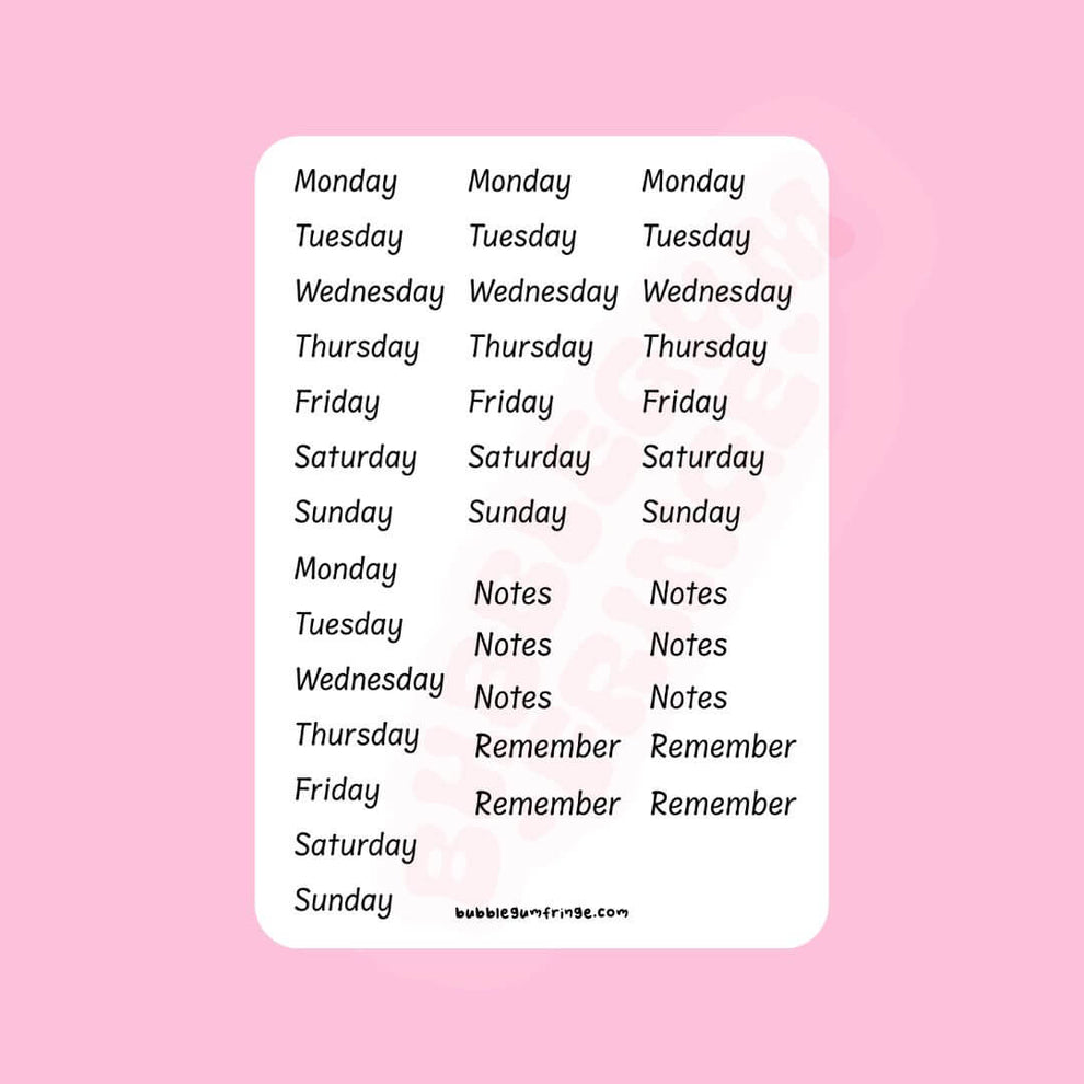 Days of the week sticker sheet - Style 1 – Bubblegumfringe